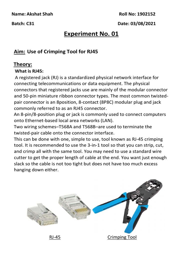 Experiment No. 01: Aim: Use of Crimping Tool For RJ45 Theory | PDF ...