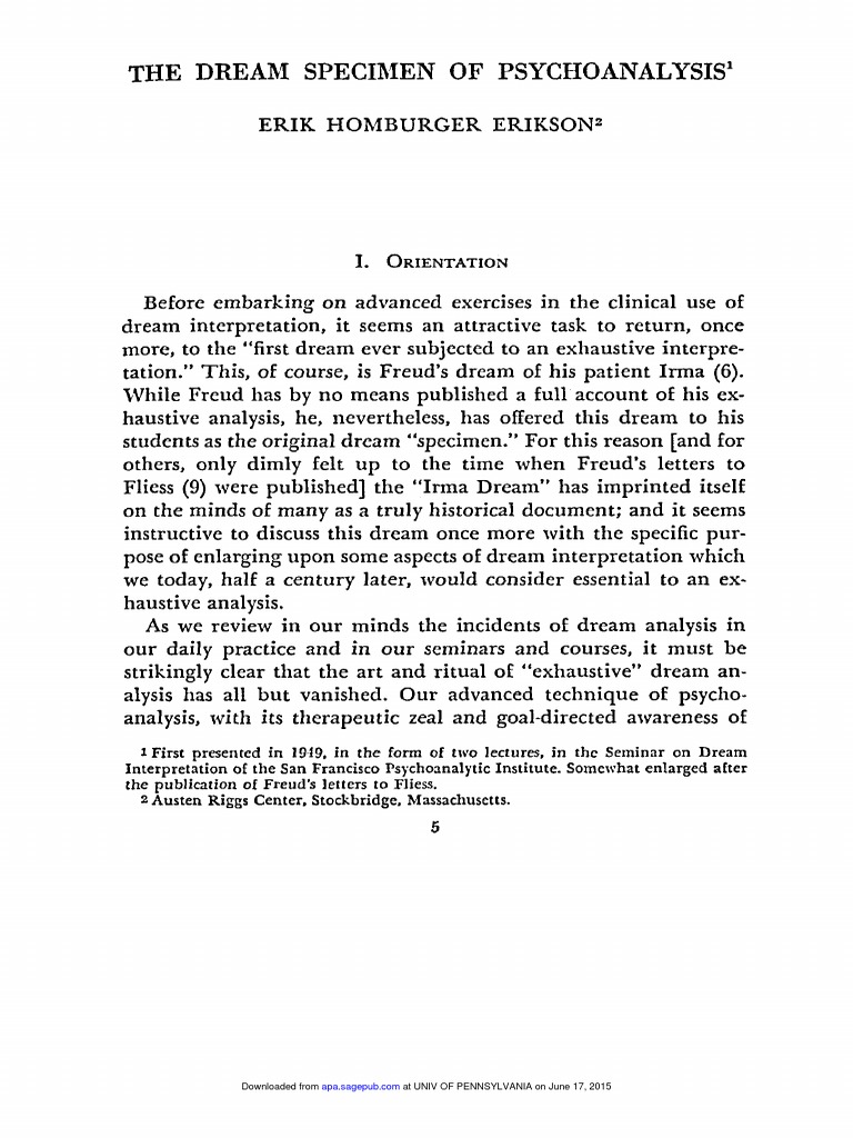 E. Erikson - The Dream Specimen of Psychoanalysis | PDF ...