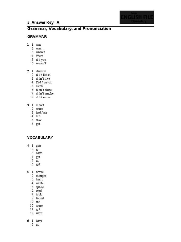 File Test 5 Answer Key: Grammar & Vocabulary | PDF | Speech | Vocabulary
