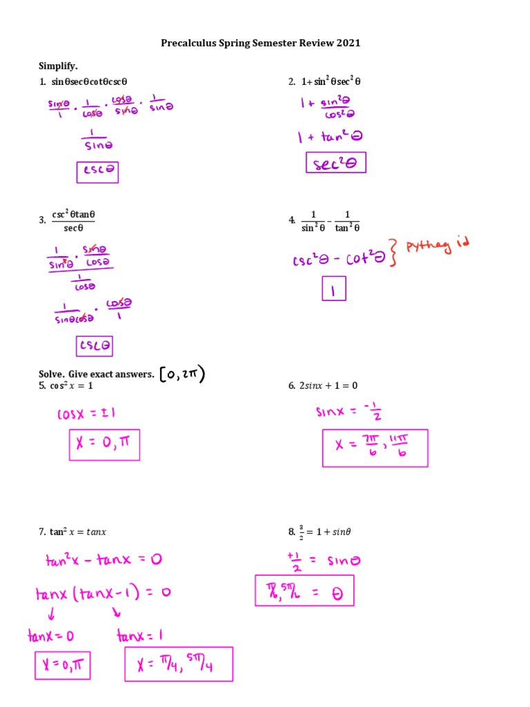 Pre-Calc Spring Semester Review 2021 Solutions | PDF | Sine ...