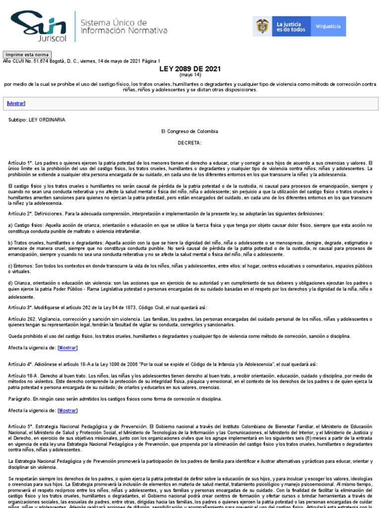 Ley 2089 de 2021 | PDF | Violencia | Disciplinas
