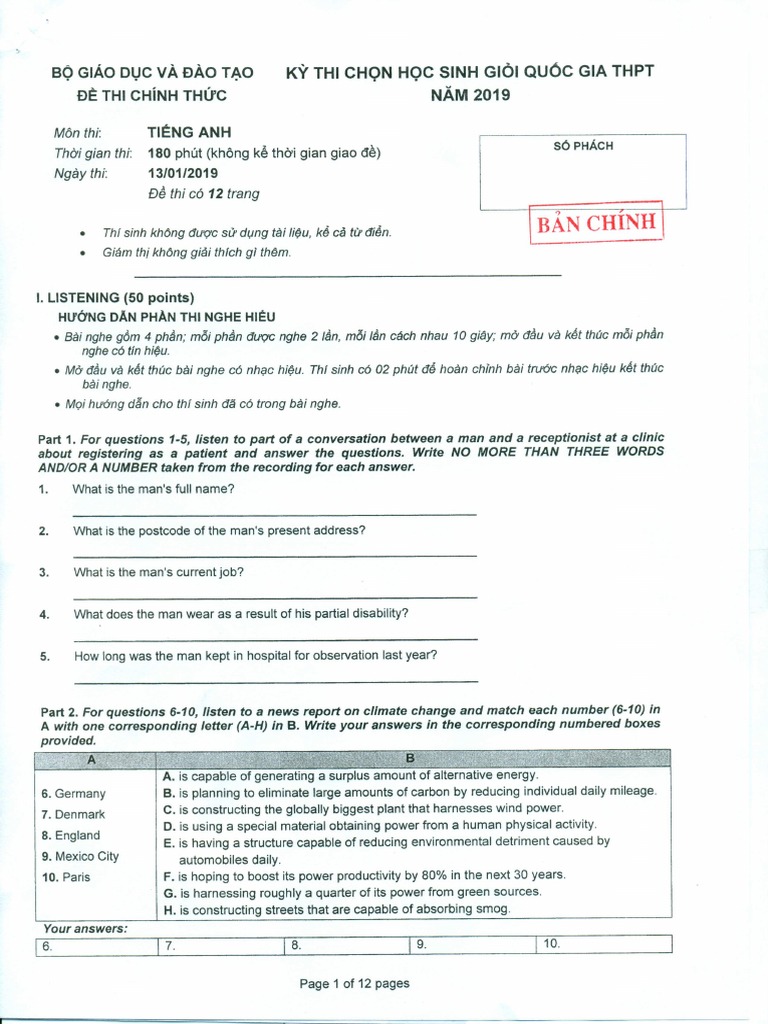 De Thi HSG Quoc Gia Mon Tieng Anh 2019 13-01-2019 | PDF