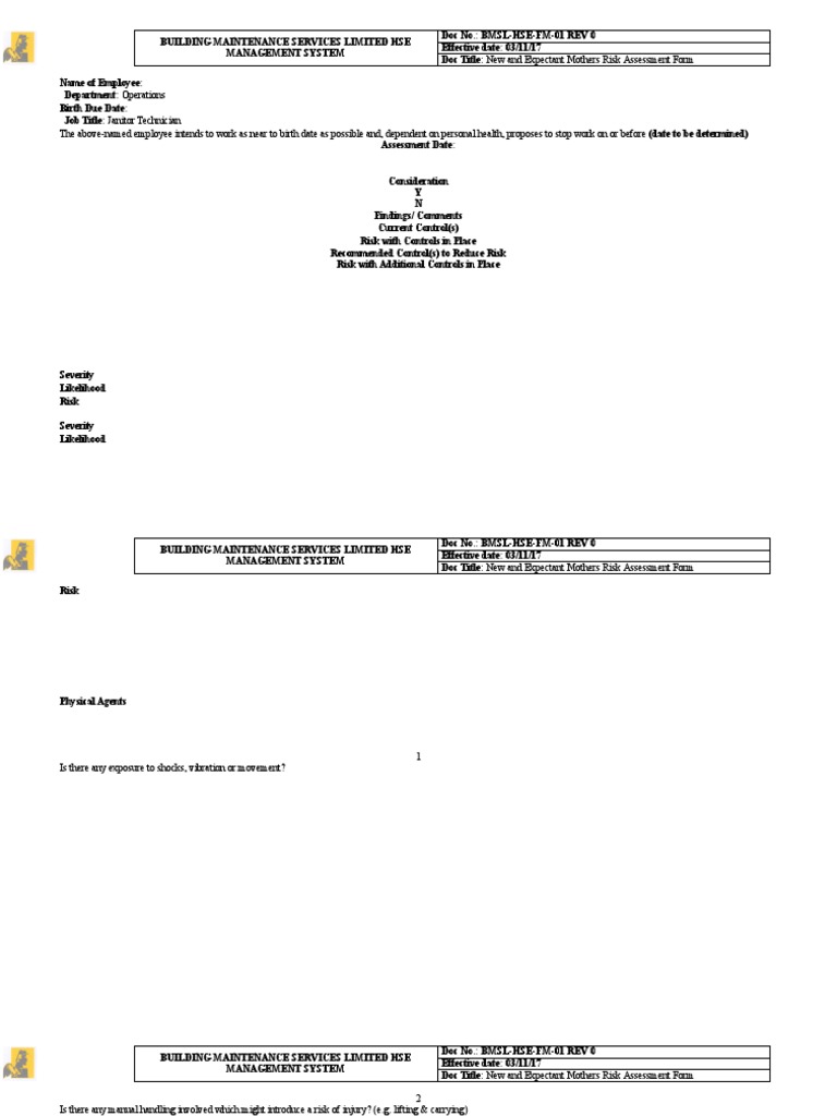 New and Expectant Mother Risk Assessment | PDF | Risk | Risk Assessment