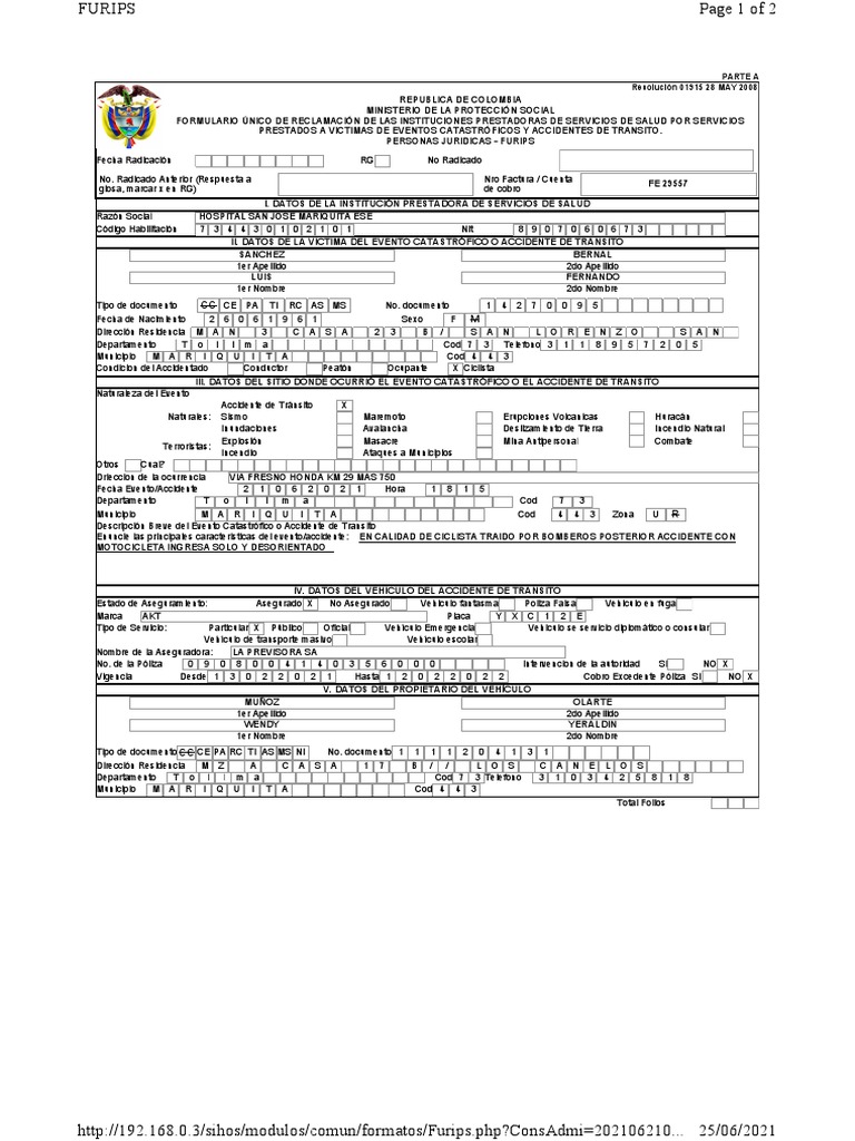 Formulario FURIPS para Reclamaciones | PDF | Transporte