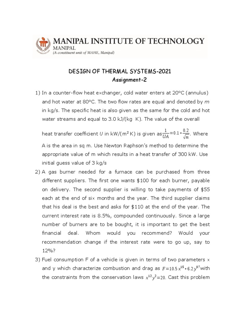 Design Of Thermal Systems Assignment 2 2021 Pdf Mathematical