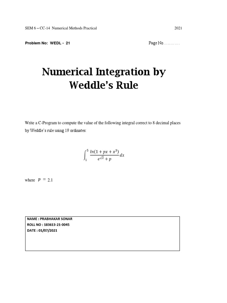 Numerical Integration by Weddle's Rule: Page No ... | Download Free PDF ...