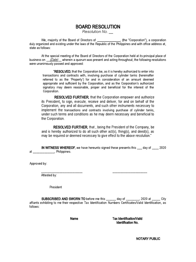 Board Resolution for Cylinder Tank Purchase | PDF | Common Law | Civil ...