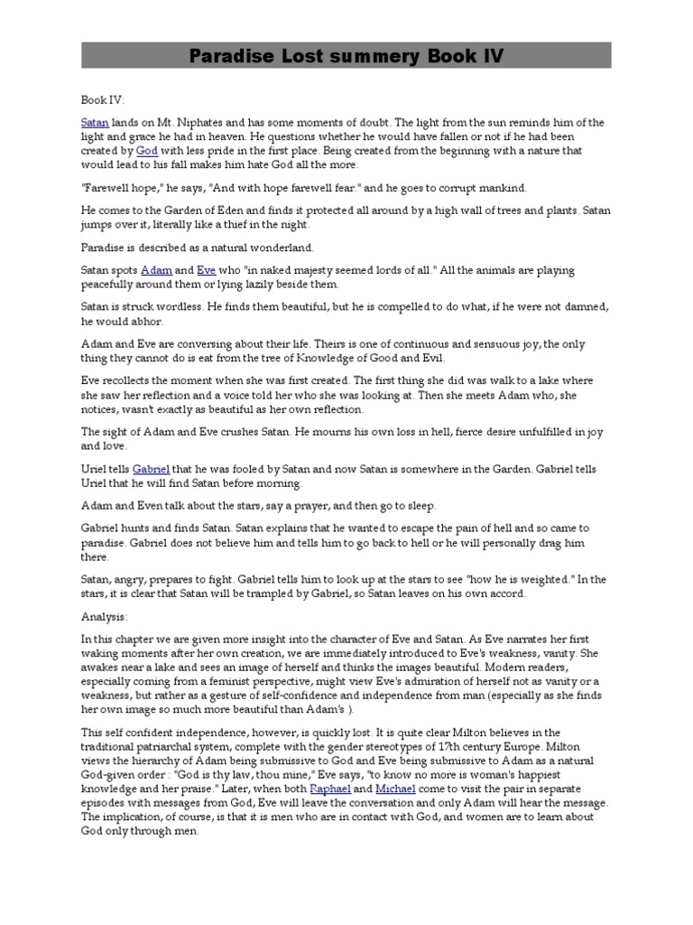 Paradise Lost Book 4 Summery and Analysi | PDF | Adam And Eve | Satan