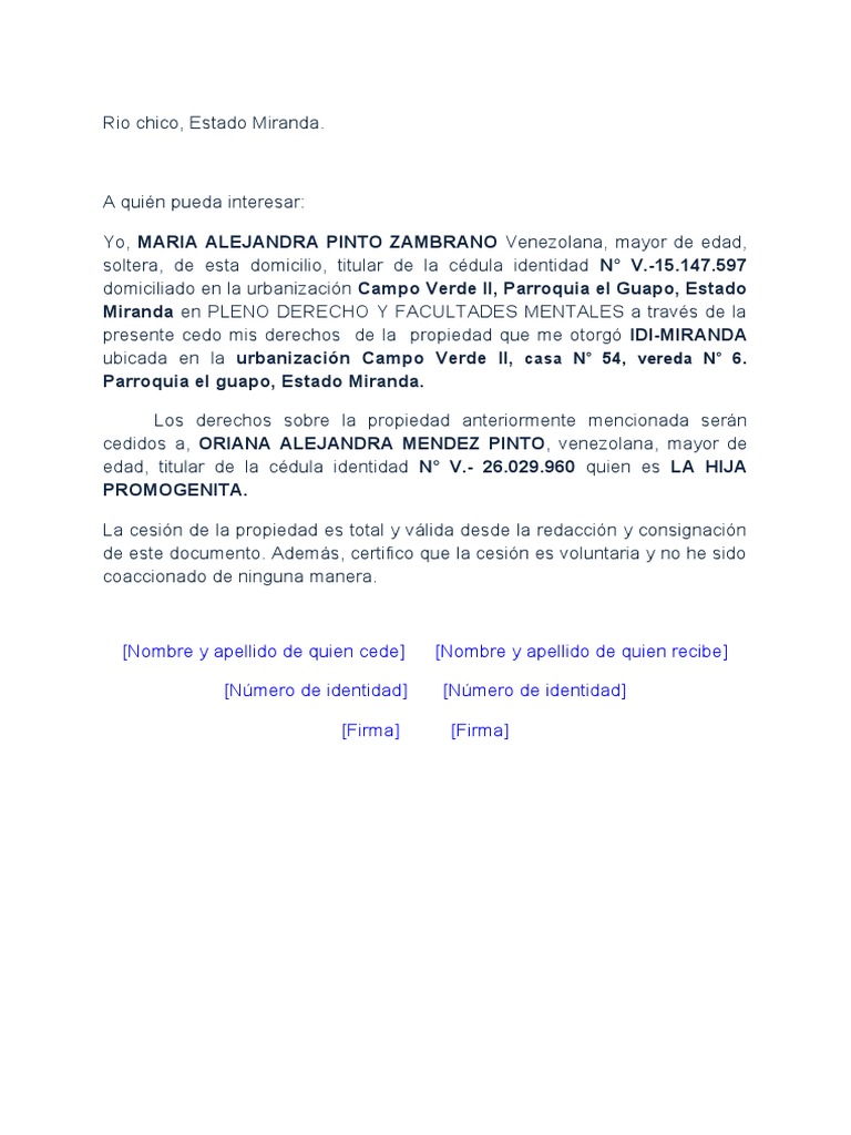 Modelo de Carta de Cesión de Derechos de Propiedad | PDF