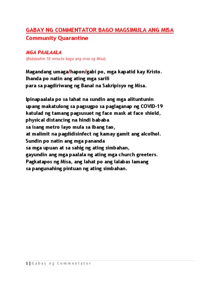GABAY NG COMMENTATOR BAGO MAGSIMULA ANG MISA, Community Quarantine, As ...
