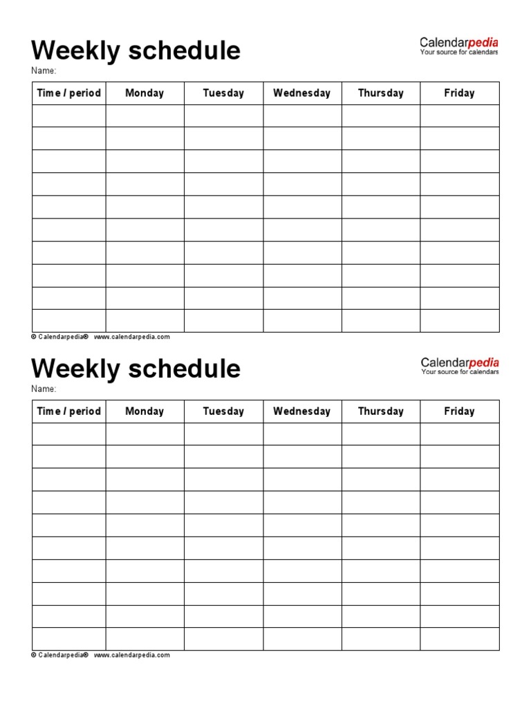 Weekly Schedule Monday To Friday 2 On 1 Page | PDF