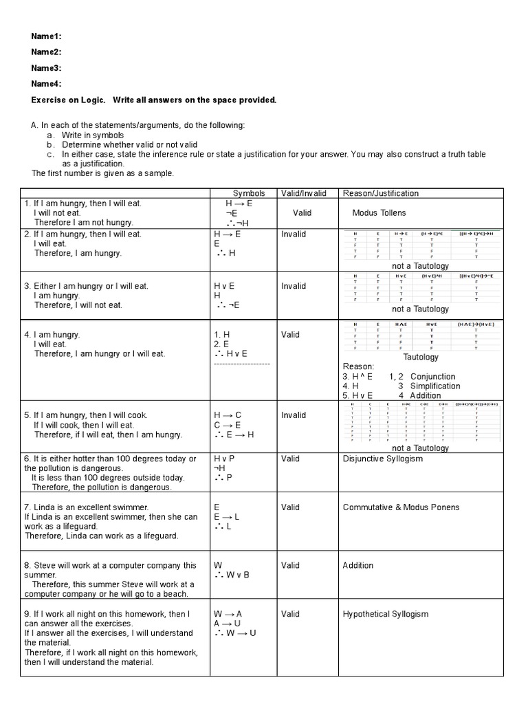 Name1: Name2: Name3: Name4: Exercise On Logic. Write All Answers On The Space Provided | PDF ...