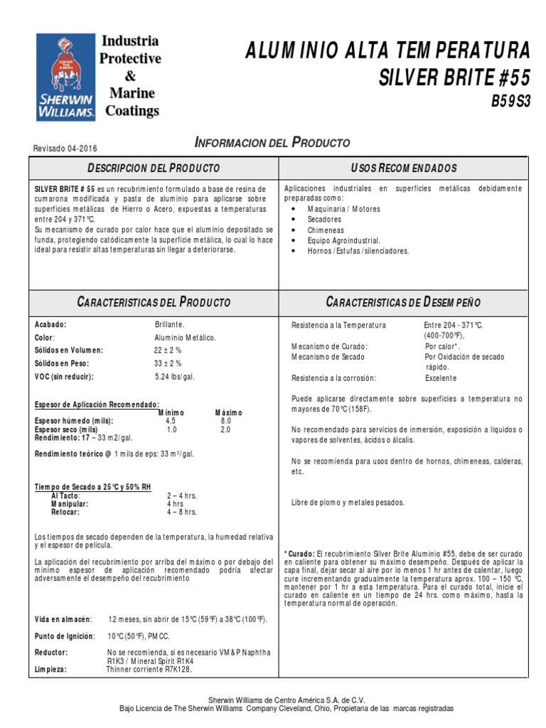 Ficha Técnica Silver Brite #55 Sherwin Williams | PDF | Aluminio | Química