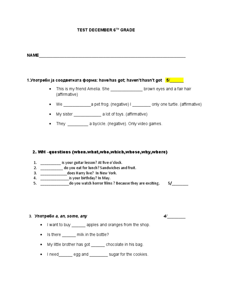 6th Grade English Test December | PDF | Self-Improvement