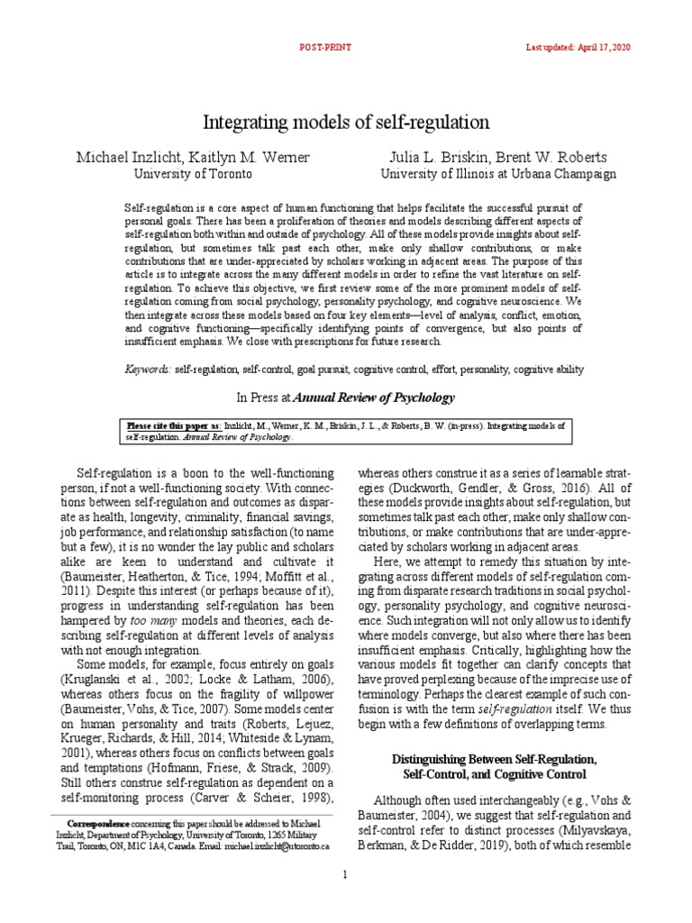 Integrating Models of Self Regulation | PDF | Self-Management | Self ...