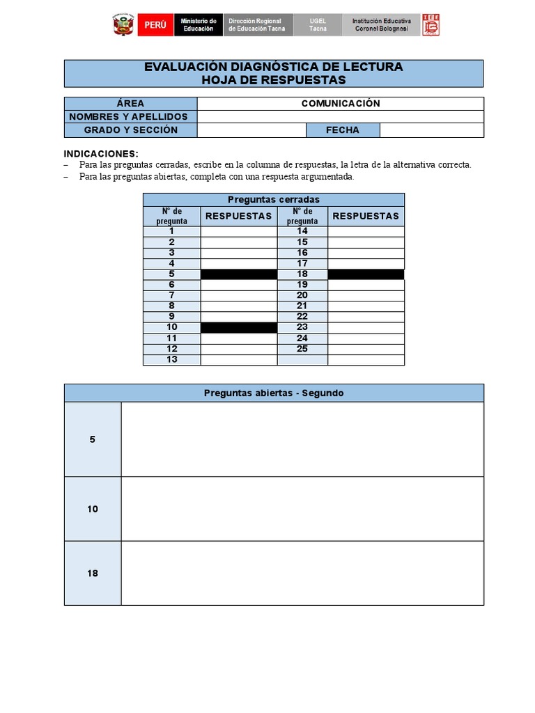 HOJA DE RESPUESTAS EVALUACIÓN DIAGNÓSTICA-2do Año | PDF
