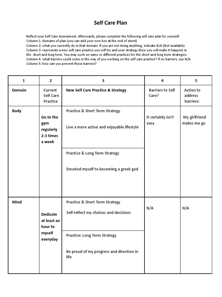 Self Care Plan | PDF | Applied Psychology | Cognition