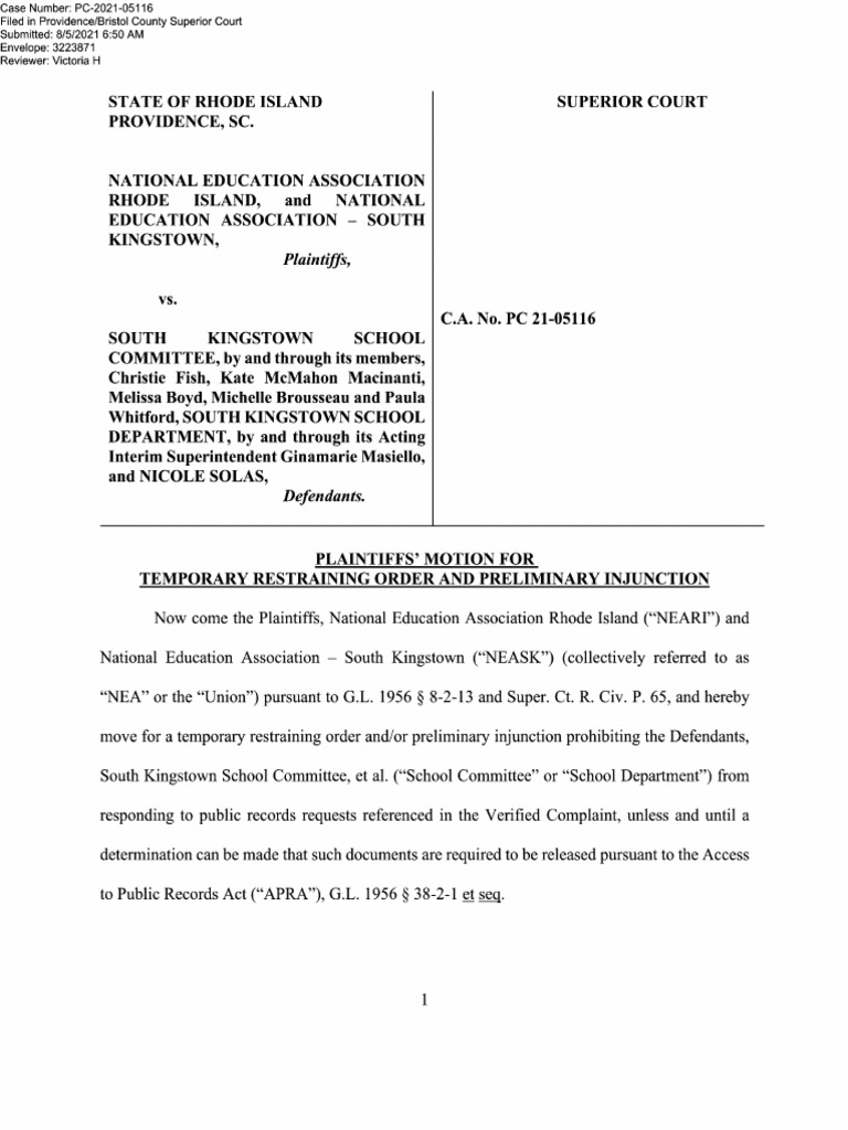 National Education Association of RI v. Nicole Solas - Motion For TRO ...