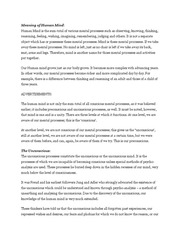 Meaning of Human Mind | PDF | Id | Unconscious Mind