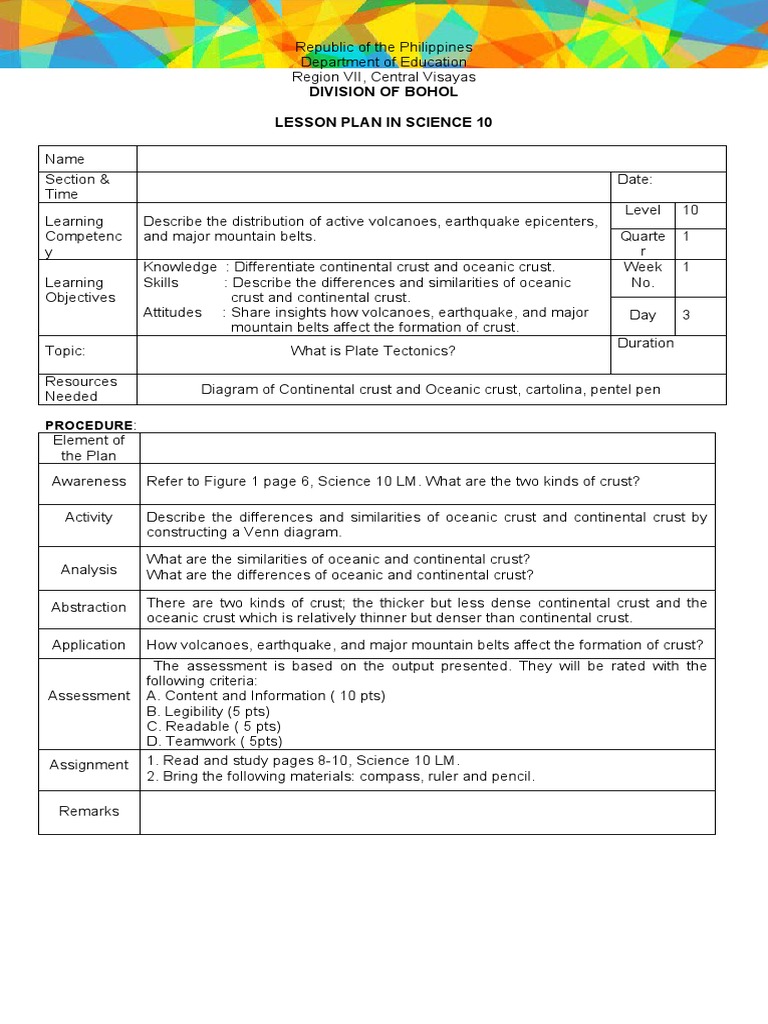 Division of Bohol Lesson Plan in Science 10: Procedure | PDF ...