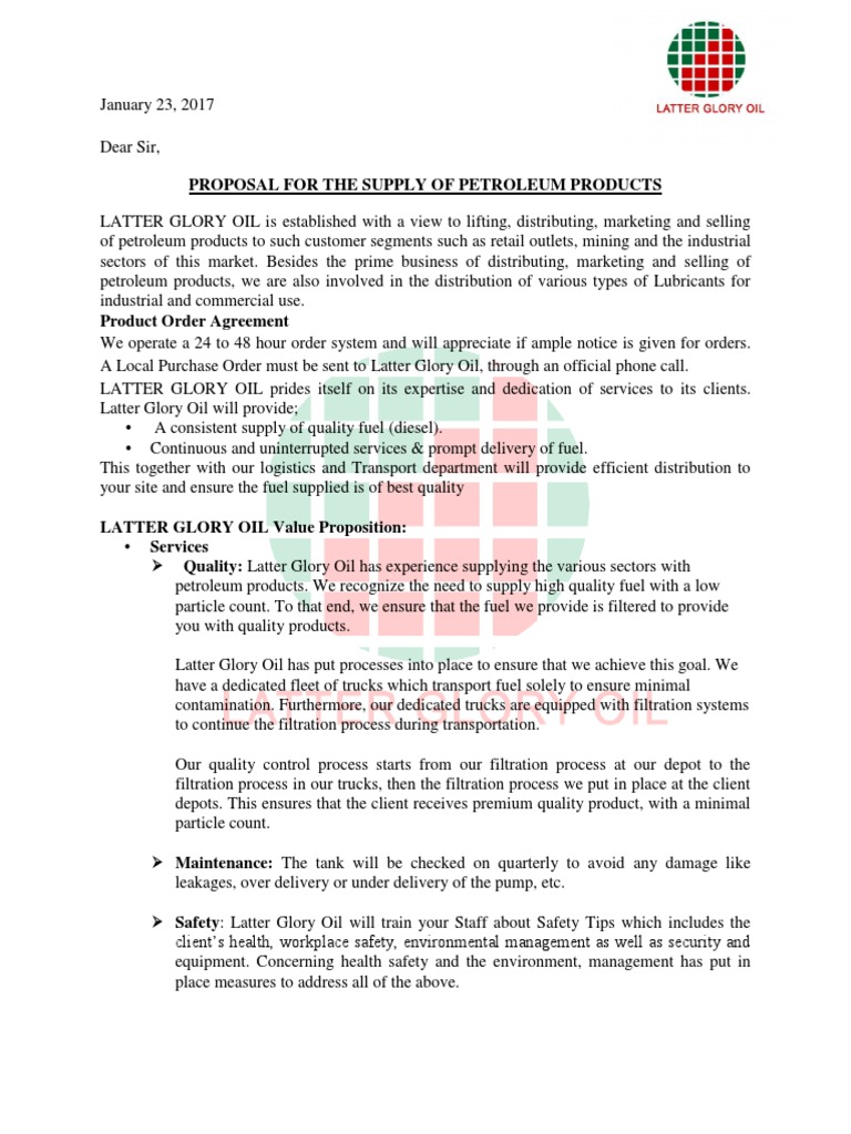 Proposal For The Supply of Petroleum Products | PDF | Safety | Filtration