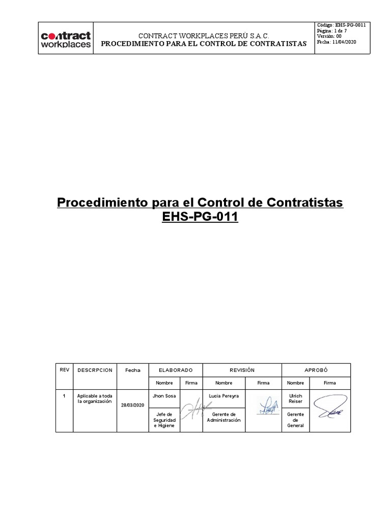 Ehs-pg-11-Procedimiento para El Control de Contratistas | PDF | Seguridad y salud ocupacional | Perú