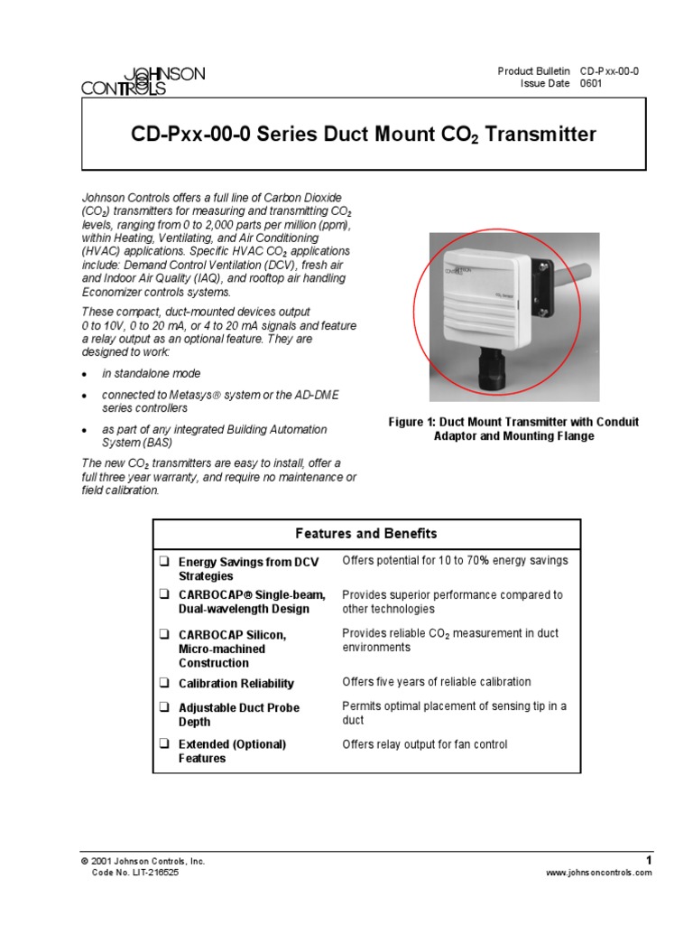 CD-Pxx-00-0 Series Duct Mount CO Transmitter: Features and Benefits ...