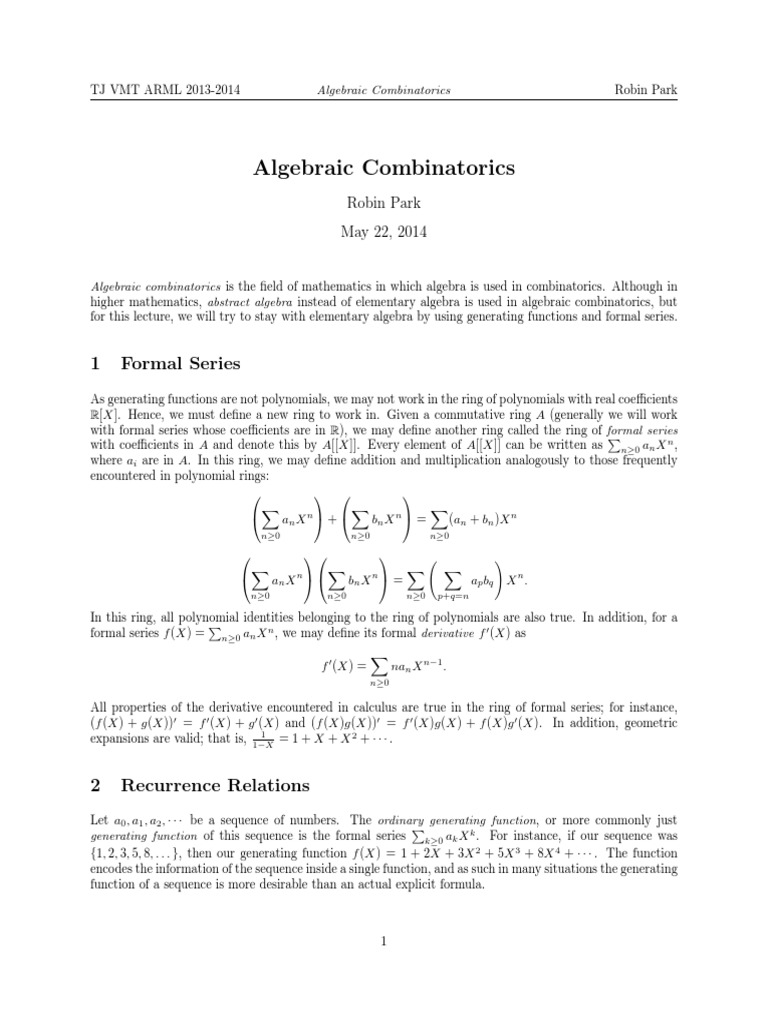 Algebraic Combinatorics Lecture Notes | PDF | Field (Mathematics ...