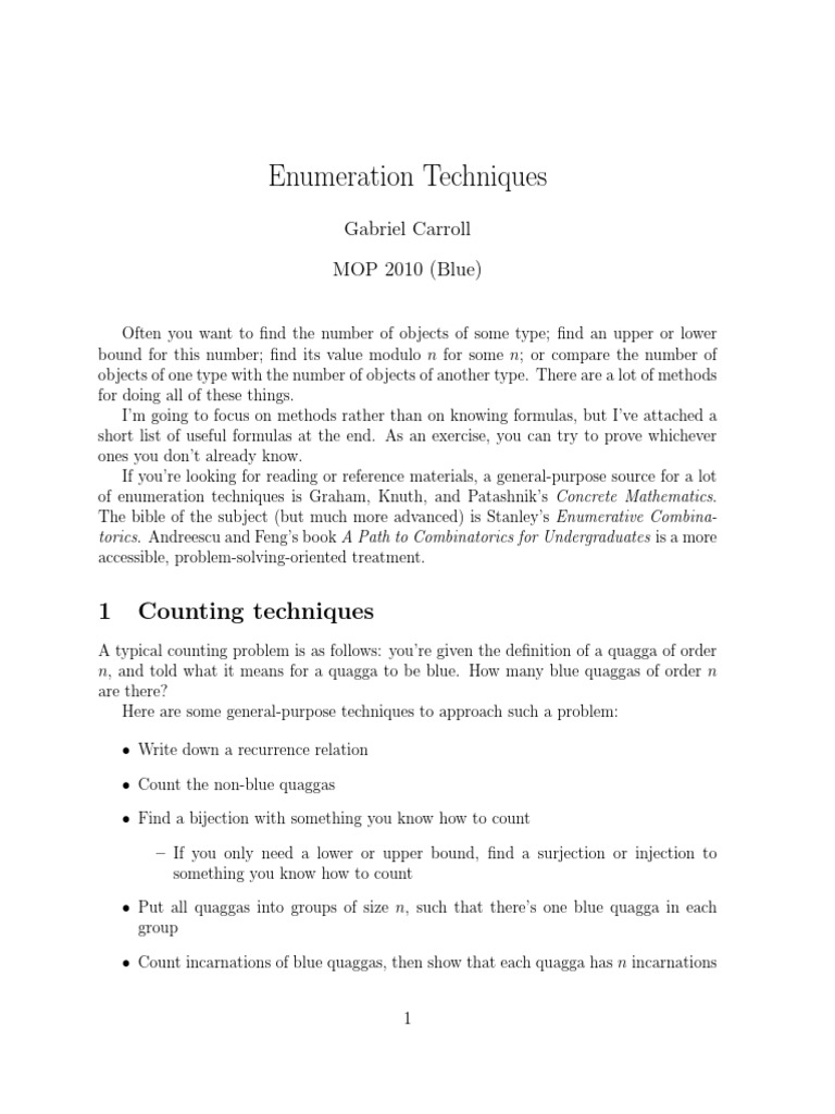 Enumeration Techniques - Gabriel Carroll - MOP (Blue) 2010 | PDF ...