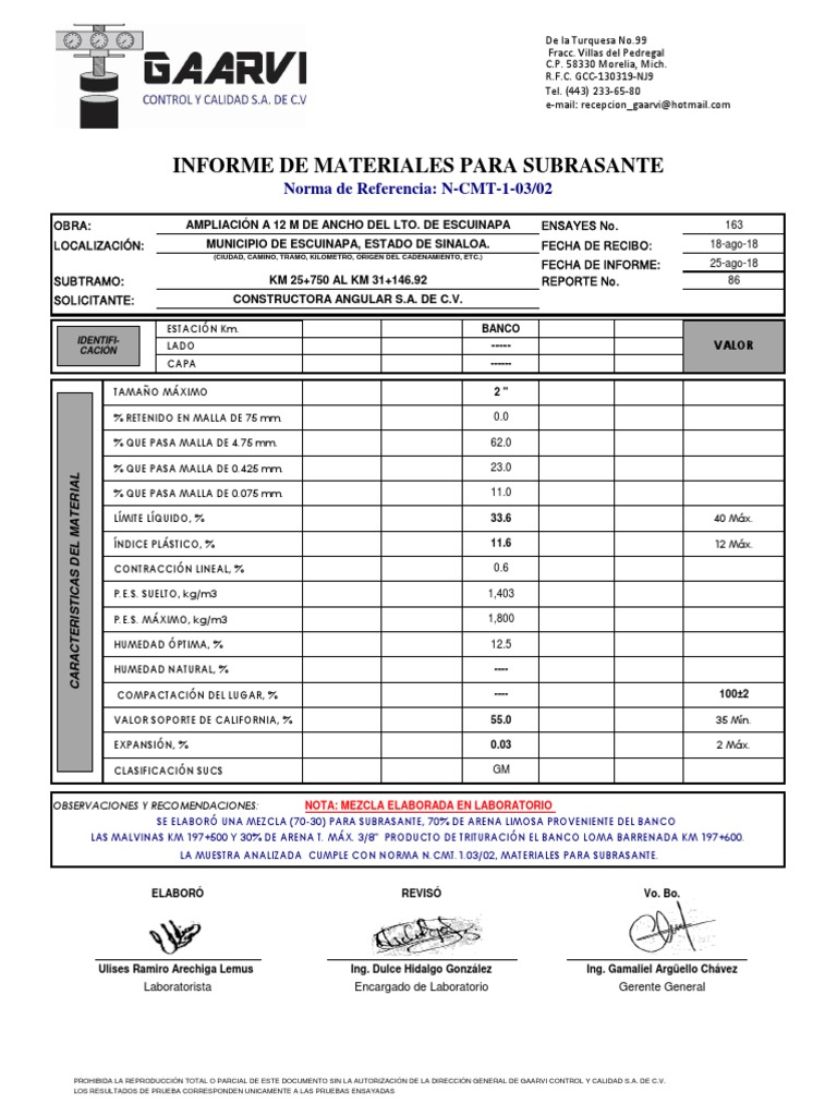 Calidad Subrasante Mezcla Laboratorio (70-30) E-163 | PDF