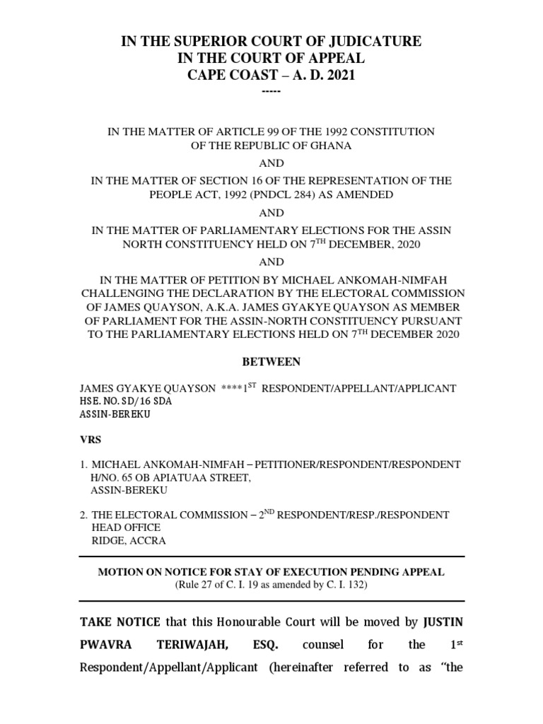 Motion for Stay of Execution Appeal | PDF | High Court Of Australia ...