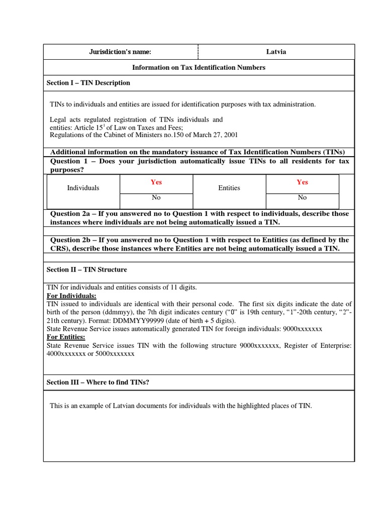 Jurisdiction's Name: Latvia Information On Tax Identification Numbers ...