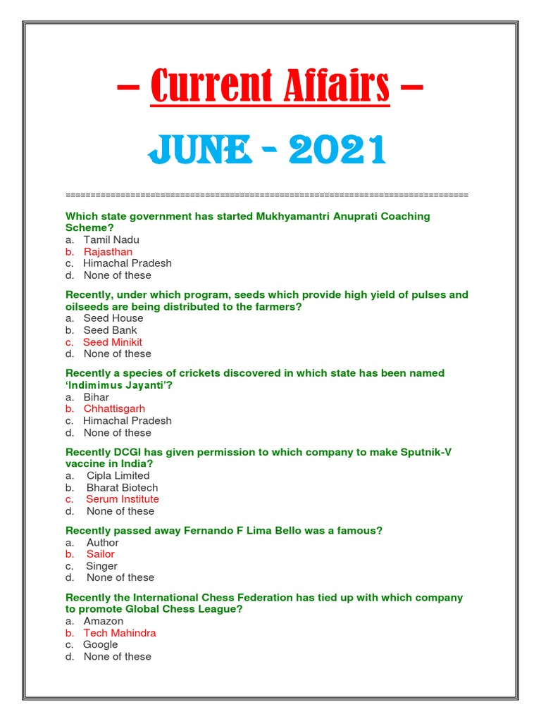 June 2021 Current Affairs Quiz | PDF