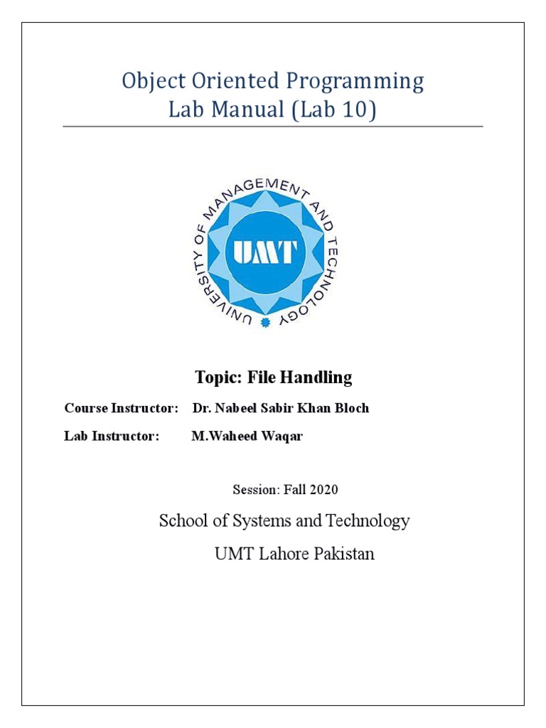 Object Oriented Programming Lab Manual (Lab 10) : Topic: File Handling ...