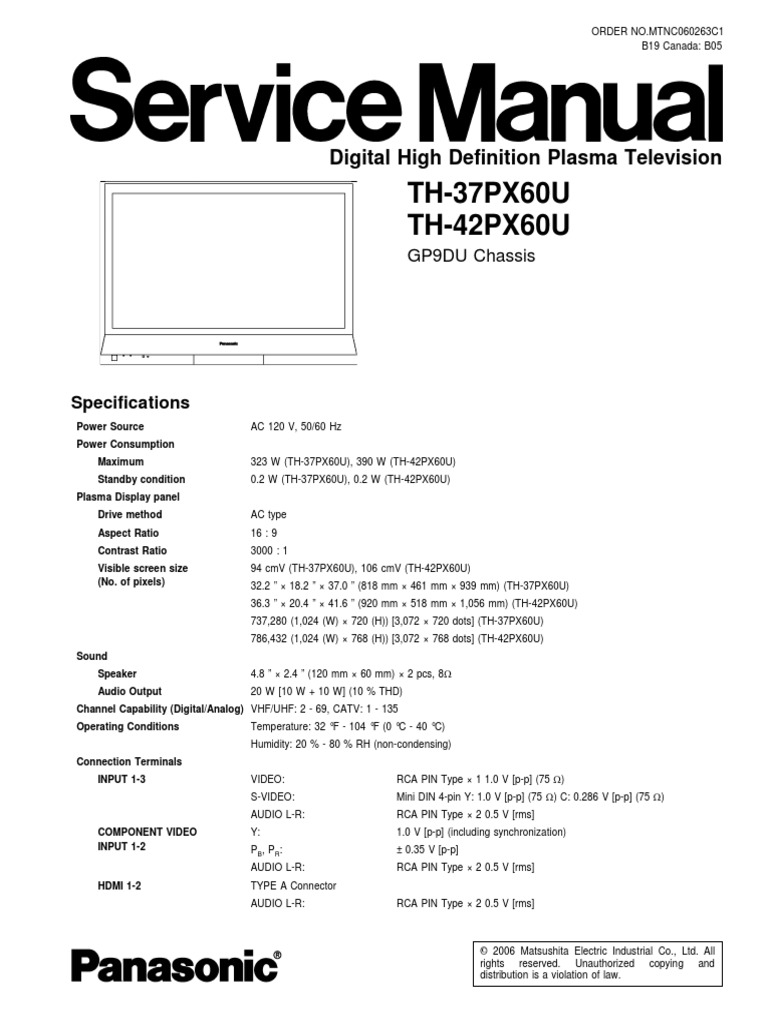 Panasonic Th-37px60u Th-42px60u CH Gp9du | PDF | Electrostatic ...
