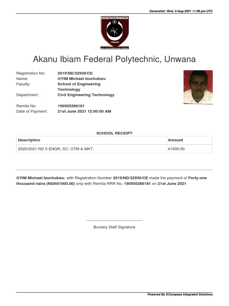 Akanu Ibiam Federal Polytechnic, Unwana: Registration No: Name: Faculty ...