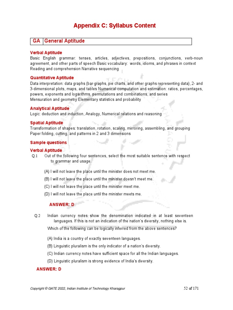 Appendix C: Syllabus Content: GA General Aptitude | PDF | English ...