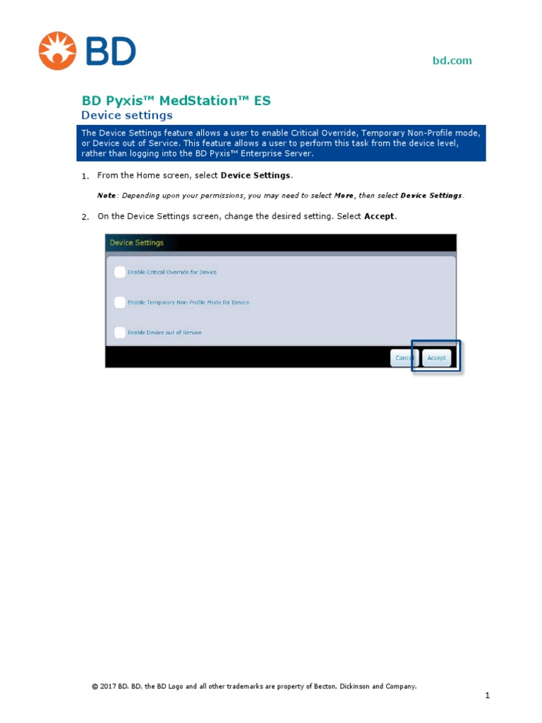 BD Pyxis™ Medstation™ Es: Device Settings | PDF