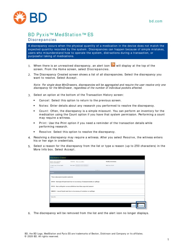BD Pyxis™ Medstation™ Es: Discrepancies | PDF