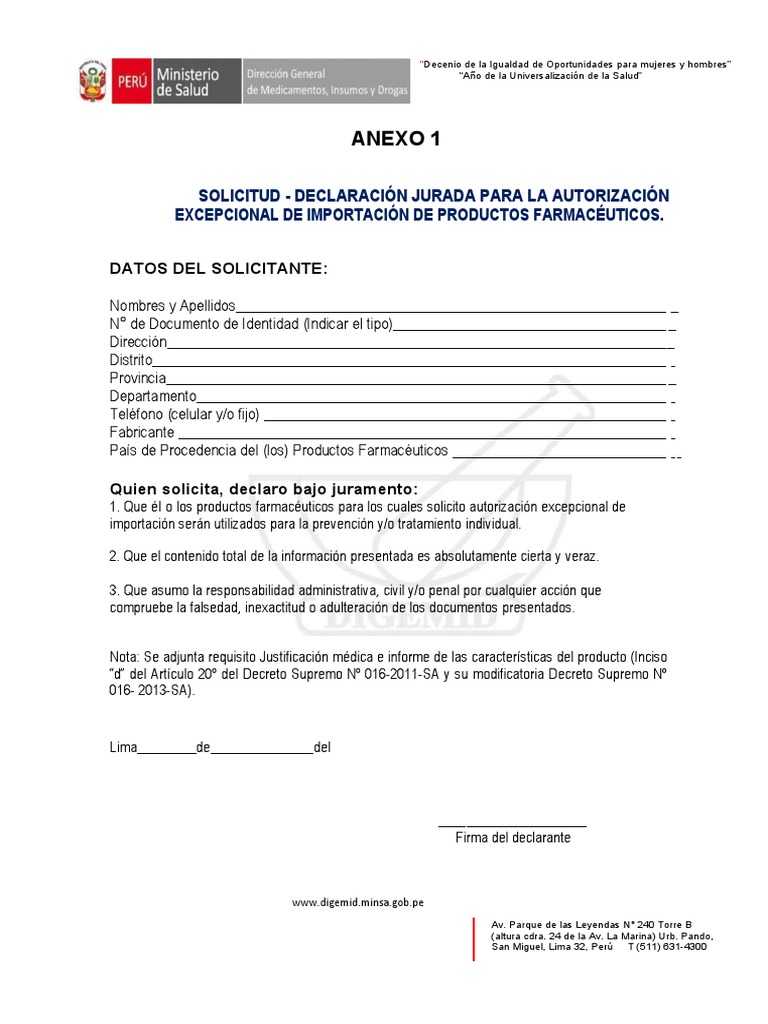 Exoneracion Medicamentos Anexo 1 Declaracion Jurada | PDF
