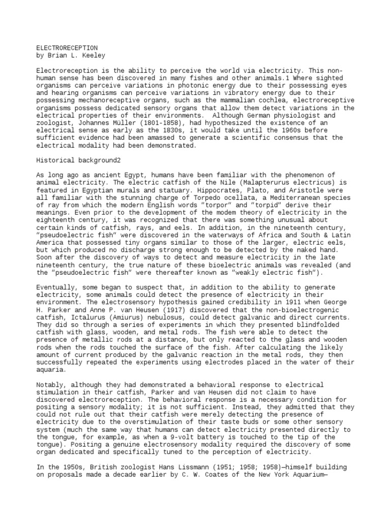 ELECTRORECEPTION | PDF | Senses | Perception