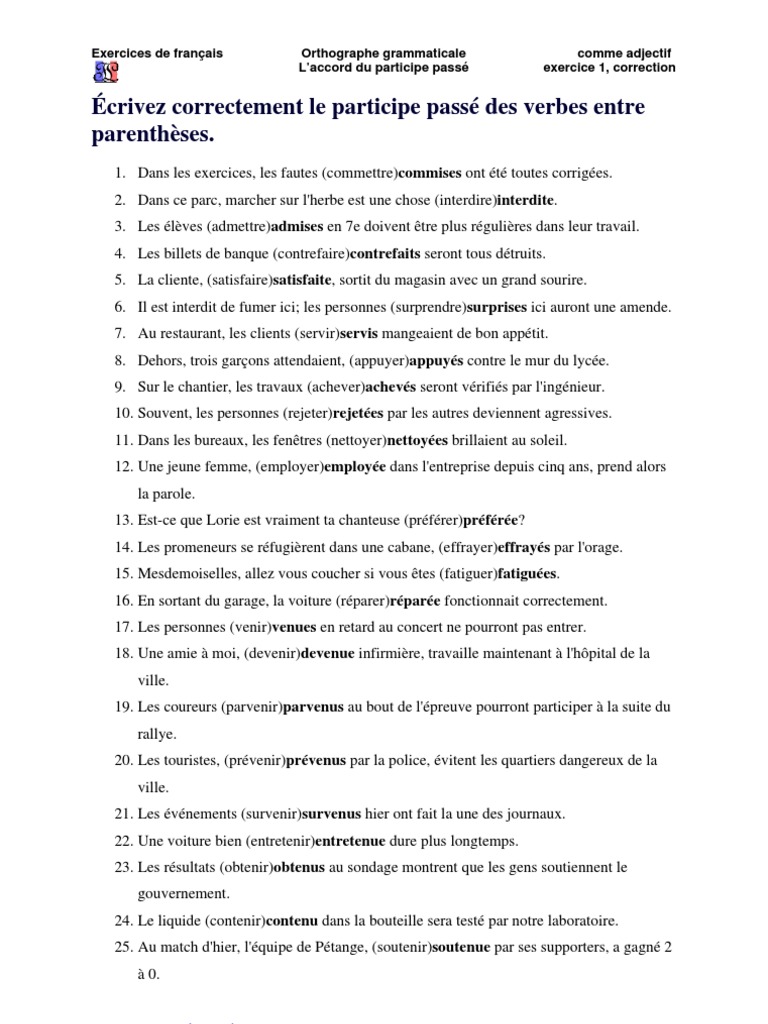 Revision Participe Passe 01 CORRIGE | PDF | Langue française