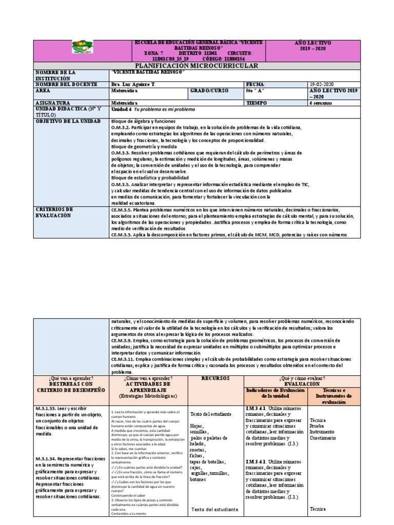 Planificación Matemática 5to Grado 2019-2020 | PDF | Aprendizaje ...