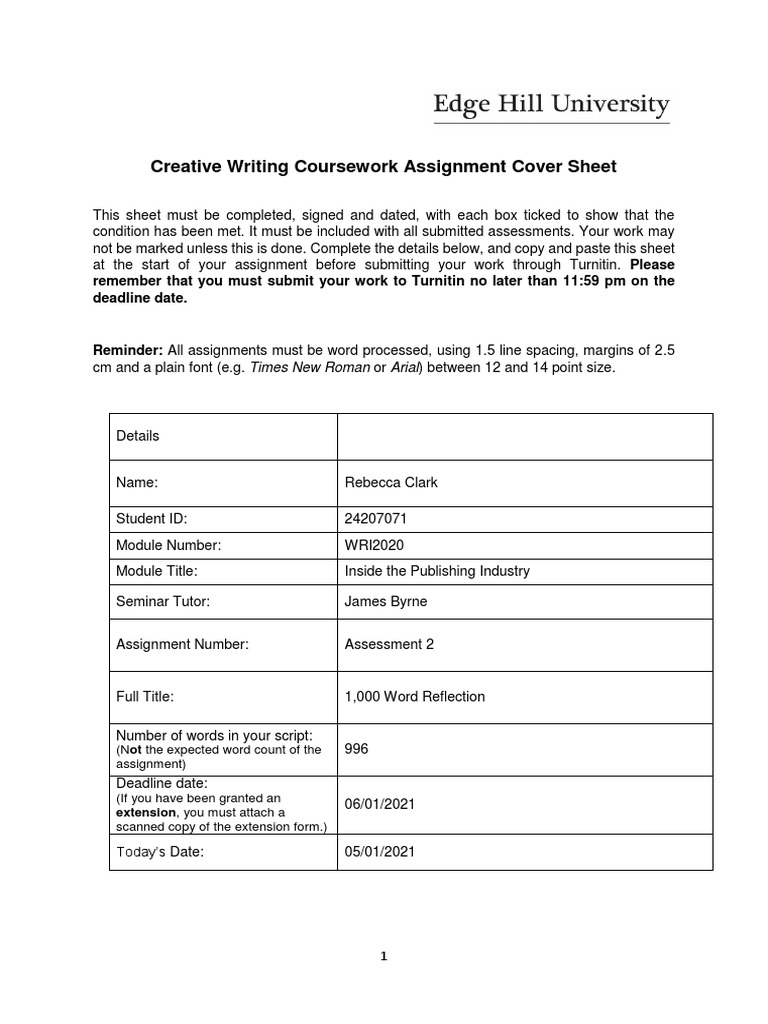 Creative Writing Coursework Assignment Cover Sheet | Download Free PDF | Plagiarism | Turnitin