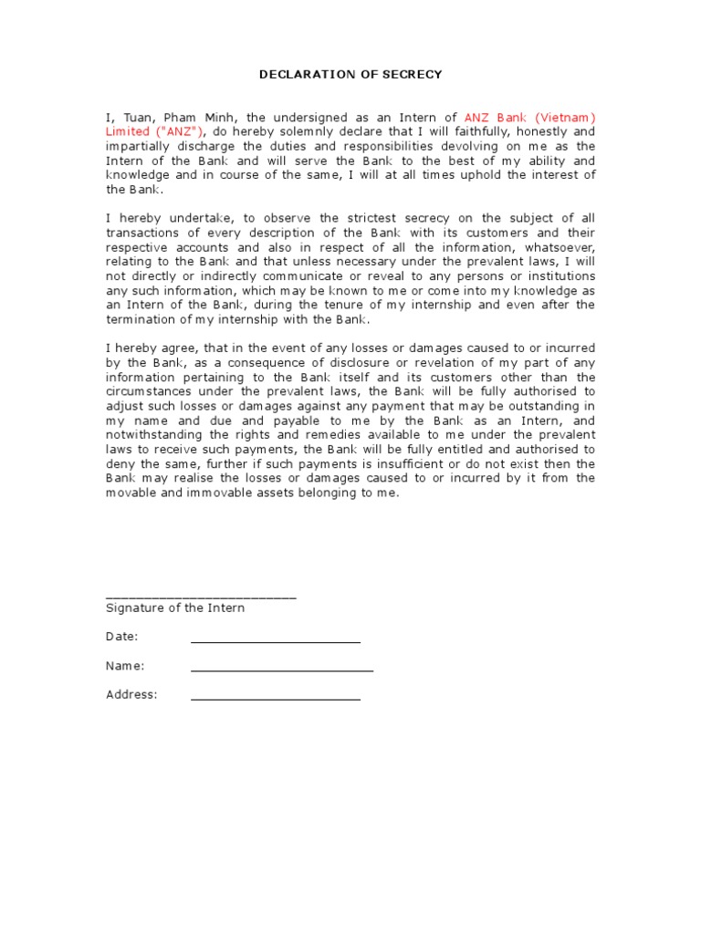 Declaration of Secrecy: Agreement by Bank Intern to Maintain Strict ...