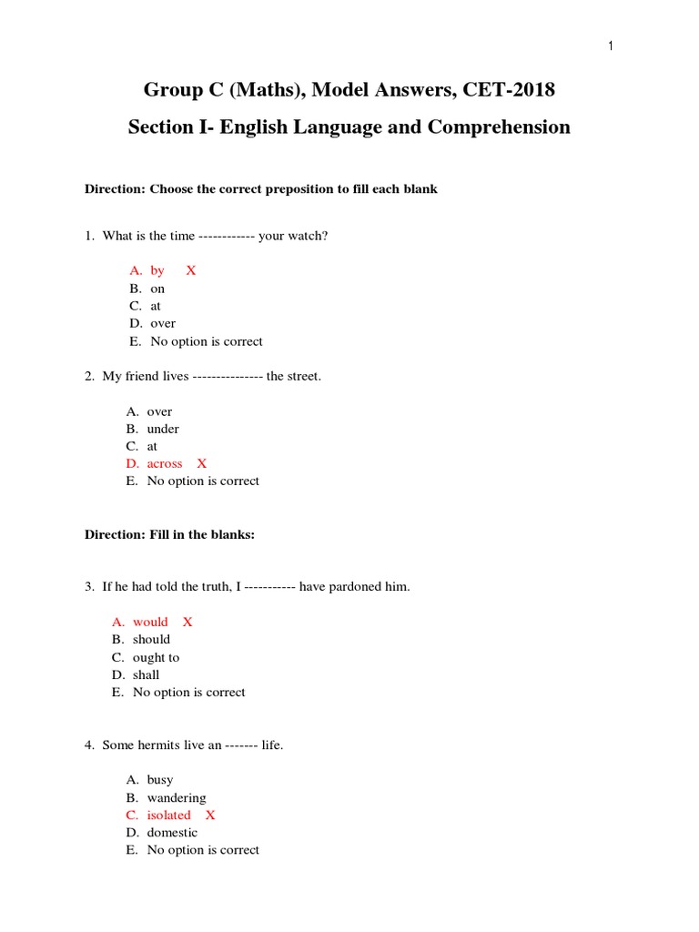 Group C (Maths), Model Answers, CET-2018 Section I-English Language and ...