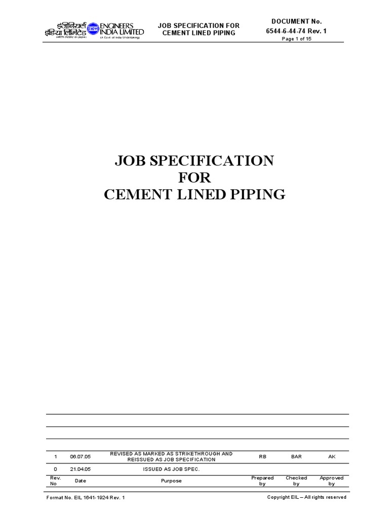 Cement Lining Specs Eil | PDF | Pipe (Fluid Conveyance) | Concrete