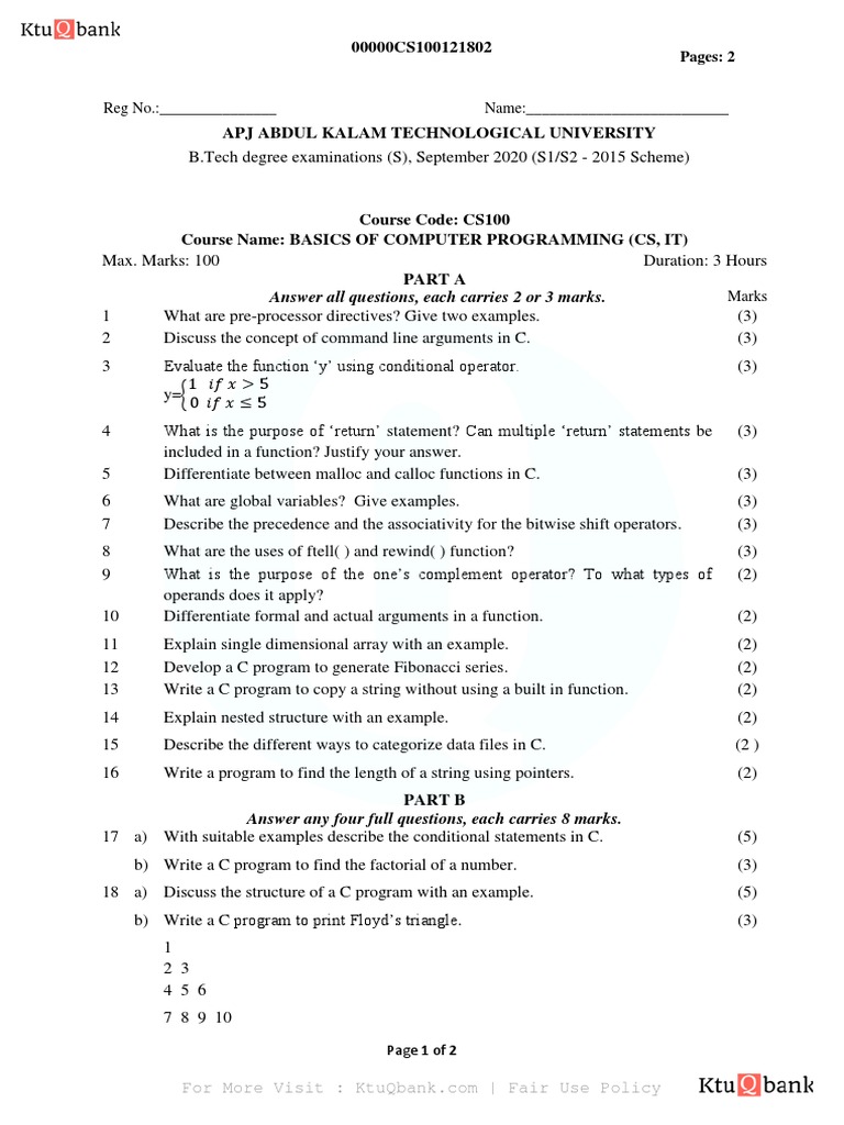 2020-11-05SupplementaryCS100CS100-I - Ktu Qbank | PDF | Subroutine | C ...