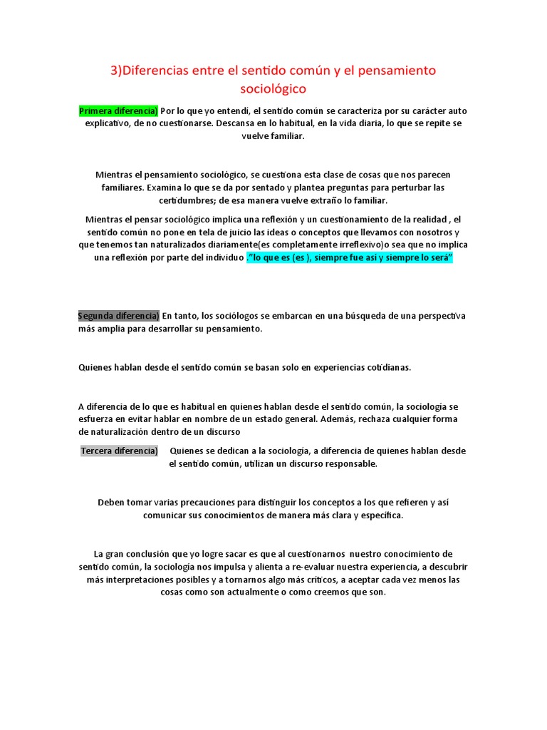 Diferencias Entre El Sentido Común y El Pensamiento Sociológico | PDF ...