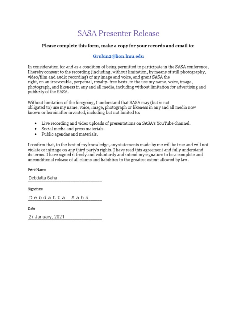 SASA Conference Presenter Consent Form | PDF